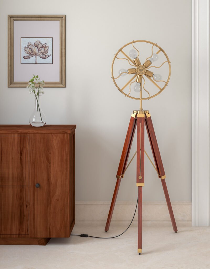 Wooden Brown Adjustable 5ft Height Tripod Floor Lamp with moveable ...